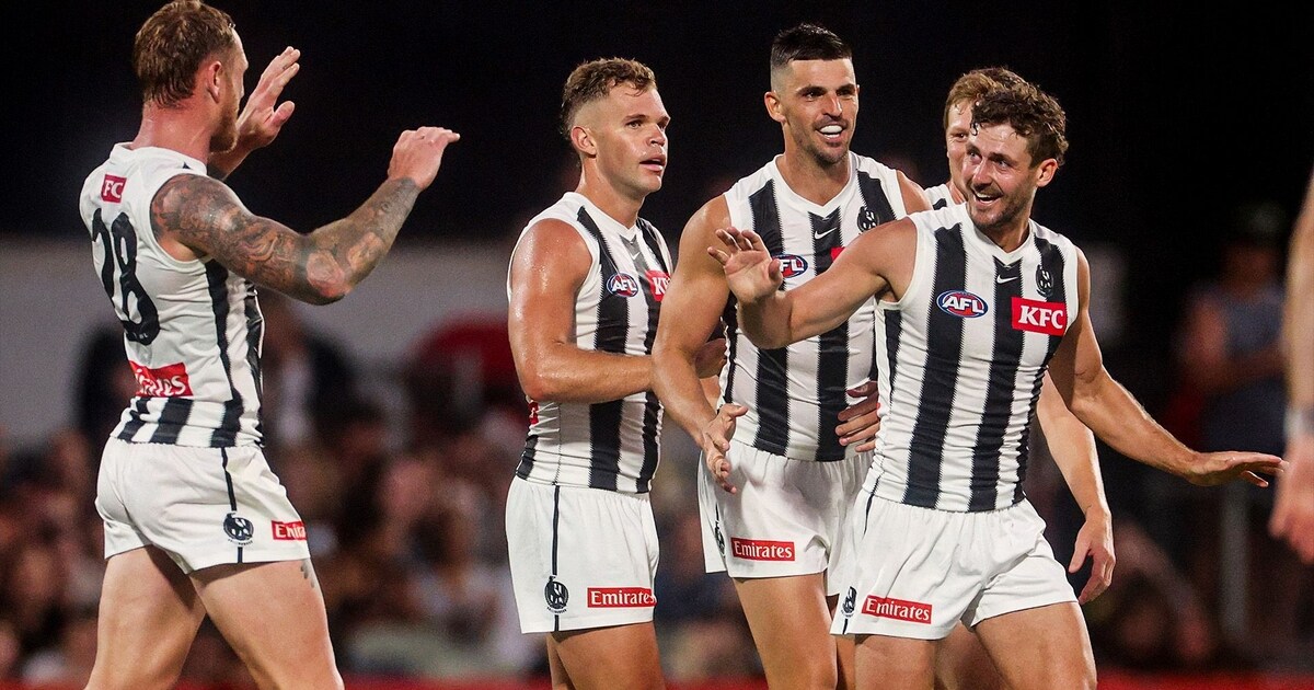 Harry Perryman slots his first goal for the Pies